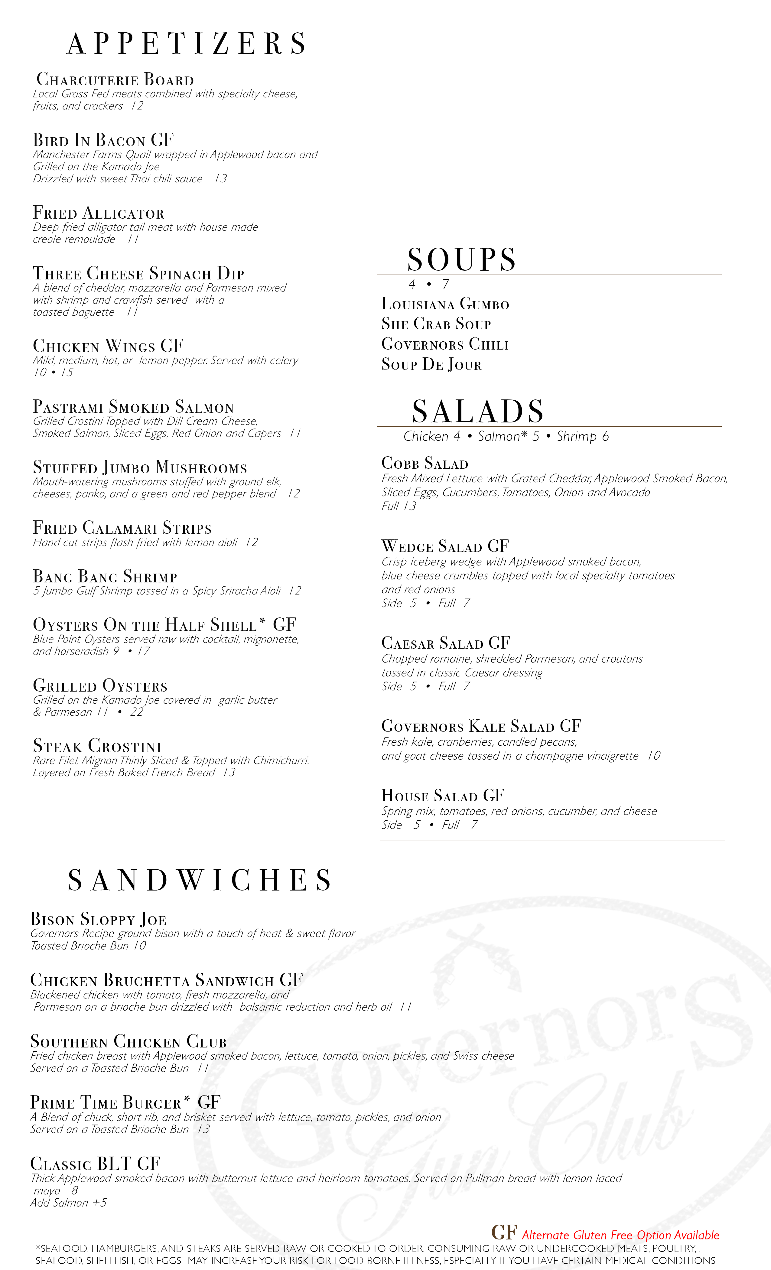 Dinner Menu - Governors Gun Club